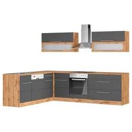 Winkelküche KOCHSTATION "KS-Wien", küche: grau, front: anthrazit, korpus: wotaneichefarben, arbeitsplatte: wotaneichefarben, B:220cm H:200cm T:270cm, Komplettküchen-Sets, Stellbreite 220 x 270 cm, wahlweise mit E-Geräten