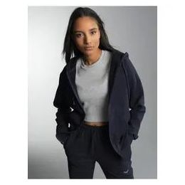 Sweatjacke TRIGEMA "TRIGEMA Sweatjacke mit Kapuze", Damen, Gr. S, blau (navy), 70% Baumwolle, 30% Polyester, Basic, lang, Rundhals, Sweatjacken Sweatjacke