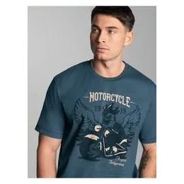 T-Shirt TRIGEMA "TRIGEMA T-Shirt mit großem Motorrad-Printmotiv", Herren, Gr. M, blau (jeans, melange), 100% Baumwolle, Basic, Shirts