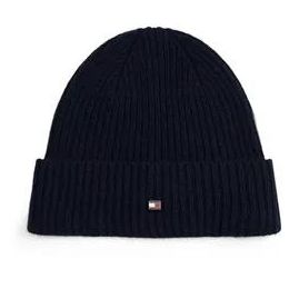 Beanie Tommy Hilfiger "TH FLAG CASHMERE Premium Line", Damen, blau (space blau), Rippstrick, Kaschmir, Mützen, mit Umschlag, aus Strick 100% Kaschmir Premium Quality