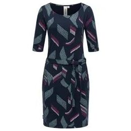 Jerseykleid Ragwear "Kenisha Print", Damen, Gr. S (36), Normalgrößen, blau (navy), Material: 67% Polyester, 28% Viskose, 5% Elasthan, figurumspielend knielang, Rundhals, Krempelärmel abgesteppte Kante krempelbar, Kleider, Midikleid mit Taillengürtel