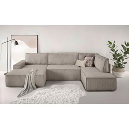 Home Affaire Wohnlandschaft »SHERWOOD 329 cm, U-Form, Schlafsofa, « Schlaffunktion m. Bettkasten (194x139 cm), Cord, Vintage, Samtvelours greige