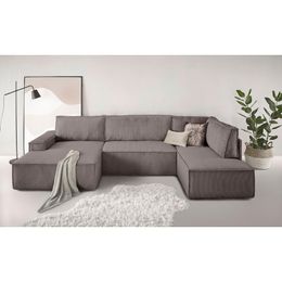 Home Affaire Wohnlandschaft »SHERWOOD 329 cm, U-Form, Schlafsofa, « Schlaffunktion m. Bettkasten (194x139 cm), Cord, Vintage, Samtvelours taupe