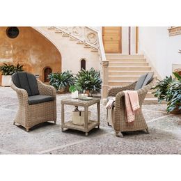 Destiny Balkonset »MALAGA MERANO« Set, 7 Stk. tlg. Polyrattan, 2 Sessel + Beistelltisch 46x47x50 cm, inkl. Auflagen natur/meliert + natur/beige +...