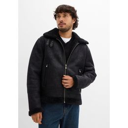 bonprix Lederimitat-Jacke mit Teddyfutter, schwarz, Gr.48, Kernige Lederimitat-Jacke mit TeddyfutterLederimitat