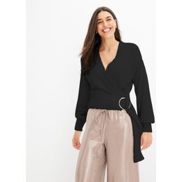 bonprix Wickelpullover mit Accessoire, schwarz, Gr.36/38 (S), Stylischer Pullover mit toller Passform, aus Viskose