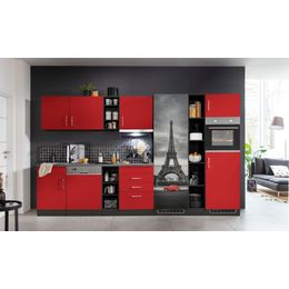 Küchenzeile KOCHSTATION "KS-Paris", rot (küche: rot, korpus: grafit, arbeitsplatte: anthrazit), B:350cm T:60cm, Komplettküchen-Sets, Küchenzeile, mit E-Geräten, Breite 350 cm, mit großer Kühl-Gefrierkombination