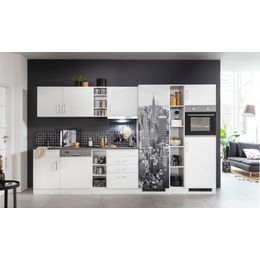 Küchenzeile KOCHSTATION "KS-Paris", weiß (küche: weiß, korpus: weiß, arbeitsplatte: anthrazit), B:350cm T:60cm, Komplettküchen-Sets, Küchenzeile, mit E-Geräten, Breite 350 cm, mit großer Kühl-Gefrierkombination