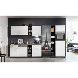 Küchenzeile KOCHSTATION "KS-Paris", weiß (küche: weiß, korpus: grafit, arbeitsplatte: anthrazit), B:350cm T:60cm, Komplettküchen-Sets, Küchenzeile, mit E-Geräten, Breite 350 cm, mit großer Kühl-Gefrierkombination