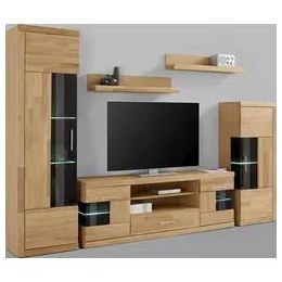 Wohnwand Home Affaire "Ribe Wohnwand Set-5 St.", braun (eiche teilmassiv), B:260cm H:180cm T:35cm, Holz teilmassiv, Kastenmöbel-Sets, Glaseinsatz aus gehärtetem Glas,Böden teilweise versetzbar