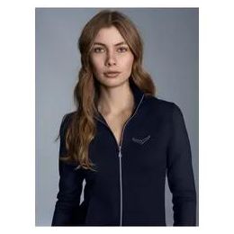 Sweatjacke TRIGEMA "TRIGEMA Jacke mit Kristallsteinen", Damen, Gr. S, blau (navy), Single Jersey, 95% Baumwolle, 5% Elastan, lang, ohne Ausschnitt, Sweatjacken Sweatjacke