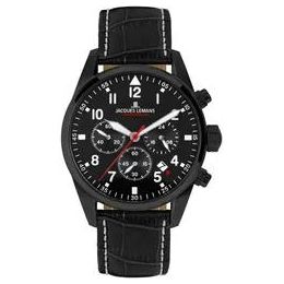 Chronograph Jacques Lemans "Barcelona", schwarz, Armbanduhren, Herren, Quarzuhr, Armbanduhr, Herrenuhr, Lederarmband, Stoppfunktion, Datum