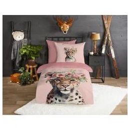 Kinderbettwäsche Good Morning "Kiranmu", rosa, B/L: 135cm x 200cm, 1 Stk., 1 Stk., Flanell, B/L: 80cm x 80cm, 2 Stk., Flanell, Obermaterial: 100% Baumwolle, Bettwäsche, Flanell Biber, 135x200, Warm, Reißverschluss, Wende, Mädchen, leopard