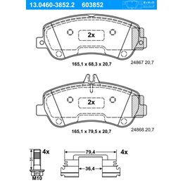 ATE Bremsbelagsatz, Scheibenbremse vorne rechts links mit Zubeh&ouml;r f&uuml;r MERCEDES-BENZ A0074206620 0054204820 0054209220 13.0460-3852.2