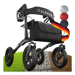 ELONEO Rollator faltbar und leicht mit Sitz, Outdoor Rollator mit Luftbereifung, h&ouml;henverstellbar aus Aluminium Schwarz