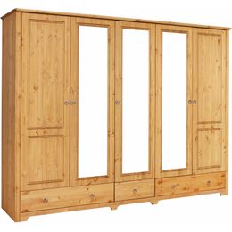 Kleiderschrank Home Affaire "Hugo", beige (gelaugt, geölt), B:245cm H:190cm T:58cm, Schränke, Garderobenschrank Kleiderschrank Drehtürenschrank, aus massiver Kiefer im Landhausstil, mit Spiegel