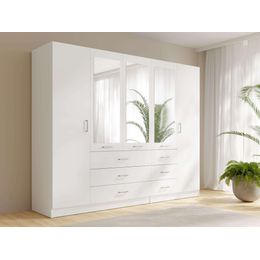 Kleiderschrank Home Affaire "KOS Garderobe mit 6 Schubladen, Kleiderstange, 5 Einlegeböden, Spiegel", weiß, B:250cm H:200,5cm T:58cm, Melamin, Schränke, Wäscheschrank mit 5 Drehtüren, silber Griffen, Maße B/H/T 250/200/58cm