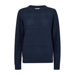 Strickpullover Freequent "FQDODO", Damen, Gr. L, blau (vintage indigo), Strick, Obermaterial: 100% Baumwolle, unifarben, bequem hüftbedeckend, Rundhals, Bündchen, Pullover, mit feinster Lochstickerei