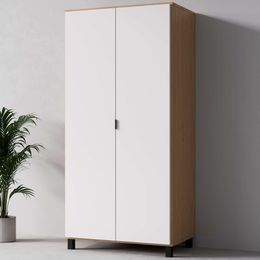 Kleiderschrank VOX "SIMPLE, Wäscheschrank mit 5 Einlegeböden und 2 Kleiderstangen", weiß (eiche, weiß), B:92,5cm H:189,5cm T:55cm, Spanplatte, Schränke, mit 2 Drehtüren und schwarzen Griffen, Maße B/T/H: 92,5/57/189,5 cm