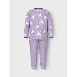 Schlafanzug name it "NMFNIGHTSET PASTEL LILAC HORSE NOOS", Kinder, Gr. 98 (104), lila (pastel lila), Jersey, Obermaterial: 95% Baumwolle, 5% Elasthan, bedruckt, unifarben, Basic normal, Rundhals, abgesteppte Kante, Homewear-Sets, mit tollem Pferde-Alloverprint im Oberteil