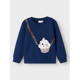 Sweatshirt name it "NMFNORA SWEAT BRU BOX", Mädchen, Gr. 110, blau (blauprint), Sweatware, Obermaterial: 100% Baumwolle, bedruckt, regular fit, Rundhals, Rippbündchen, Sweatshirts