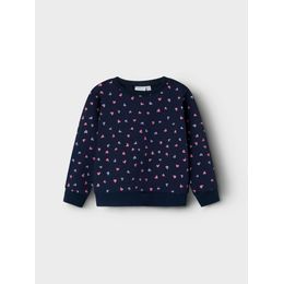 Sweatshirt name it "NMFDAVINA LS SWEAT FLEECE BRU NOOS", Mädchen, Gr. 110, blau (schwarz sapphire), Sweatware, Obermaterial: 66% Polyester, 30% Baumwolle, 4% Elasthan, bedruckt, normal normal, Rundhals, Rippbündchen, Sweatshirts, in klassischer Form und mit tollem Alloverprint