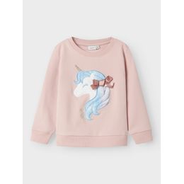 Sweatshirt name it "NMFKISA SWEAT UNB", Mädchen, Gr. 98, lila (burnished lila), Sweatware, Obermaterial: 95% Baumwolle, 5% Elasthan, bedruckt, regular fit normal, Rundhals, Rippbündchen, Sweatshirts
