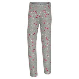 Sweatleggings happy girls, Mädchen, Gr. 128, N-Gr, grau (grau melange), angeraute Sweatware, Obermaterial: 60% Polyester, 35% Baumwolle, 5% Elasthan, bedruckt, skinny fit knöchellang, Hosen, im tollen Sternen-Herzen-Alloverprint