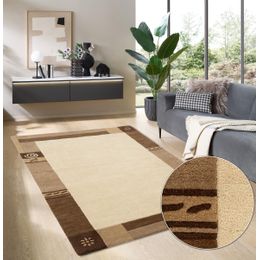 Wollteppich Theko "Tromso, Wolle, Handgefertigt, Bordüre mit Hoch-Tief-Effekt" Gr. 8, beige, B:300cm H:15mm L:400cm, Wolle, Teppiche, Wohnzimmer, Schlafzimmer, Esszimmer