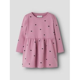 Sweatkleid name it "NMFDAVINA LS SWEAT BRU DRESS NOOS", Mädchen, Gr. 80, N-Gr, mauve orchid aop:with schwarz sapphire hearts, angeraute Sweatware, Obermaterial: 95% Baumwolle, 5% Elasthan, bedruckt, Basic ca. Mitte Oberschenkel, Rundhals, abgesteppte Kante, Kleider, im tollen Alloverprint