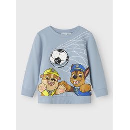 Sweatshirt name it "NMMJAAKO PAW SWEAT UNB CPLG", Jungen, Gr. 92, blau (dusty blau), Sweatware, Obermaterial: 95% Baumwolle, 5% Elasthan, bedruckt, regular fit normal, Rundhals, Rippbündchen, Sweatshirts