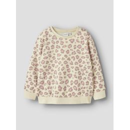 Sweatshirt name it "NMFDAVINA LS SWEAT FLEECE BRU NOOS", M&auml;dchen, Gr. 98, beige (summer sand aop:leo), Sweatware, Obermaterial: 66% Polyester, 30% Baumwolle, 4% Elasthan, bedruckt, normal normal, Rundhals, Rippb&uuml;ndchen, Sweatshirts Sweatshirt, in klassischer Form und mit tollem Alloverprint