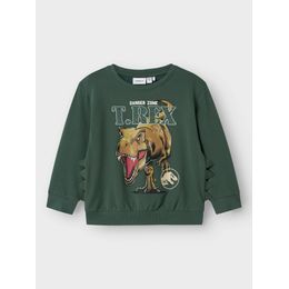 Sweatshirt name it "NMMJABA JURASSIC NREG SWEAT UNB SKY", Jungen, Gr. 98, grün (garden topiary), Sweatware, Obermaterial: 95% Baumwolle, 5% Elasthan, bedruckt, regular fit normal, Rundhals, Rippbündchen, Sweatshirts