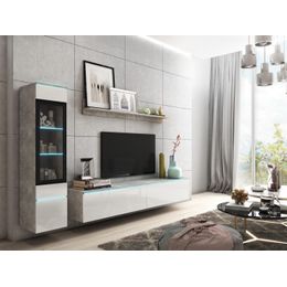 Wohnwand Inosign "VERA I, Vitrinen Türanschlag links/rechts wechselbar", weiß (beton smart, weiß hochglanz), B:230cm H:130cm T:33cm, Kastenmöbel-Sets, Vitrine mit Verglasung, stehend und hängend, inklusive Beleuchtung