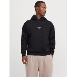 Jack & Jones Kapuzensweatshirt JACK & JONES "JJEURBAN EDGE STUDIO SWEAT HOOD NOOS", Herren, Gr. M, schwarz, angeraute Sweatware, Obermaterial: 70% Baumwolle, 30% Polyester, bedruckt, weit taillenbedeckt, ohne Ausschnitt, Rippbündchen, Sweatshirts, mit Front und Back Print