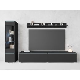 Wohnwand Inosign "VERA I, Vitrinen Türanschlag links/rechts wechselbar", schwarz (graphite schwarz matt), B:230cm H:130cm T:33cm, Kastenmöbel-Sets, Vitrine mit Verglasung, stehend und hängend, inklusive Beleuchtung