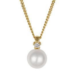 Kette mit Anhänger OROLINO "585 Gold mit Brillant 0,03ct. + Perle weiß 6,5-7mm", gelb, Halsketten, Damen, 42/45cm, 0,03, Gold, L: 45 B: 6,5mm, glänzend, B:6,5mm
