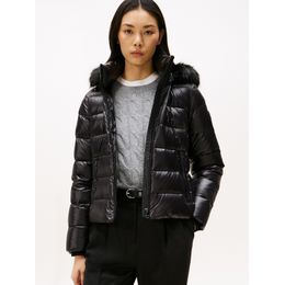 Steppjacke Tommy Hilfiger "GLOSS HW DOWN SLIM JACKET W FUR", Damen, Gr. XL (42), schwarz, Steppware, Obermaterial: 100% Nylon, unifarben, slim fit, Jacken, in leicht glänzender Optik, mit Fellimitat