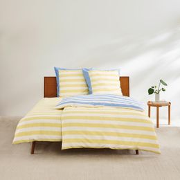 Bettwäsche s.Oliver "Satinbettwäsche s.Oliver", blau (blau, gelb), B/L: 135cm x 200cm, 1 Stk., 1 Stk., Mako-Satin, B/L: 80cm x 80cm, 2 Stk., Mako-Satin, Obermaterial: 76% Baumwolle, 24% Polyester, Bettwäsche, Modernes Design