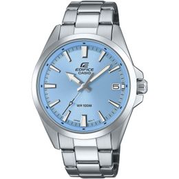 Quarzuhr CASIO EDIFICE, silber (hellblau, silberfarben), Armbanduhren, Herren, Armbanduhr, Herrenuhr, Edelstahlarmband, Datum, Neo-Display, analog