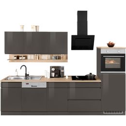 Küchenzeile KOCHSTATION "KS-Virginia", grau (küche: grau, front: grau hochglanz, korpus: grafit, arbeitsplatte: eiche sonoma), B:300cm T:60cm, Komplettküchen-Sets, Breite 300 cm, mit E-Geräten