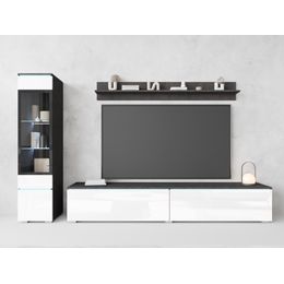 Wohnwand Inosign "VERA I, Vitrinen Türanschlag links/rechts wechselbar", weiß (mathera antrazit, weiß hochglanz), B:230cm H:130cm T:33cm, Kastenmöbel-Sets, Vitrine mit Verglasung, stehend und hängend, inklusive Beleuchtung
