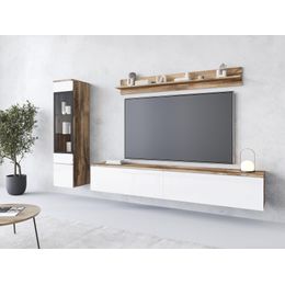 Wohnwand Inosign "VERA I, Vitrinen Türanschlag links/rechts wechselbar", beige (votaneichefarben, weiß hochglanz), B:230cm H:130cm T:33cm, Kastenmöbel-Sets, Mediawand 230 cm, Vitrine mit Verglasung, stehend und hängend