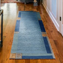 Wollteppich LUXOR living "India" Gr. 12, blau, B:80cm H:20mm L:200cm, Wolle, Teppiche, Designer-Teppich Knüpfteppich Schurwollteppich Teppich, reine Wolle, handgeknüpft, mit Bordüre, auch als Läufer
