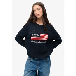 Strickpullover Superdry "SLOUCHY CABLE FLAG KNIT", Damen, Gr. L, blau (richest navy), Strick, Obermaterial: 100% Baumwolle, bedruckt, loose fit hüftlang, Rundhals, Rippbündchen, Pullover