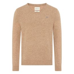 V-Ausschnitt-Pullover Gant "EXTRAFINE LAMBSWOOL V-NECK", Herren, Gr. L, dunkel sand melange, Feinstrick, Obermaterial: 90% Wolle, 10% Polyamid, normal hüftlang, V-Ausschnitt, Rippstrickbündchen, Pullover, mit Logostickerei