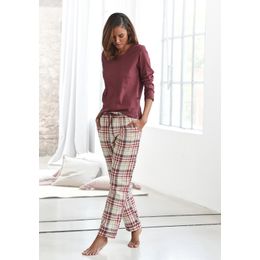 H.I.S. Pyjama H.I.S, Damen, Gr. 32, beige (bordeaux, bordeaux, creme, kariert), Single Jersey, Obermaterial: 100% Baumwolle, gemustert, kariert, mehrfarbig, Basic lang, Rundhals, Homewear-Sets, mit karierter Schlafhose