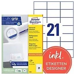 Avery Zweckform ultragrip Universaletiketten 3652 Selbsthaftend DIN A4 Weiß 70 x 42,3 mm 100 Blatt à 21 Etiketten