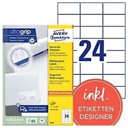 Avery Zweckform ultragrip Universaletiketten 3474 Selbsthaftend DIN A4 Weiß 70 x 37 mm 100 Blatt à 24 Etiketten