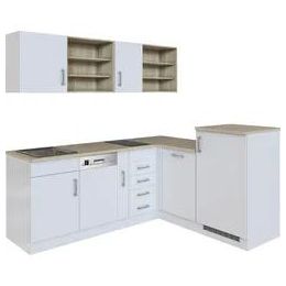 Küche KOCHSTATION "KS-Mali", weiß (küche: weiß, front: weiß, korpus: weiß, arbeitsplatte: eiche sonoma), B:210cm H:200cm T:60cm, Komplettküchen-Sets, Stellbreite 210/170 cm, mit E-Geräten